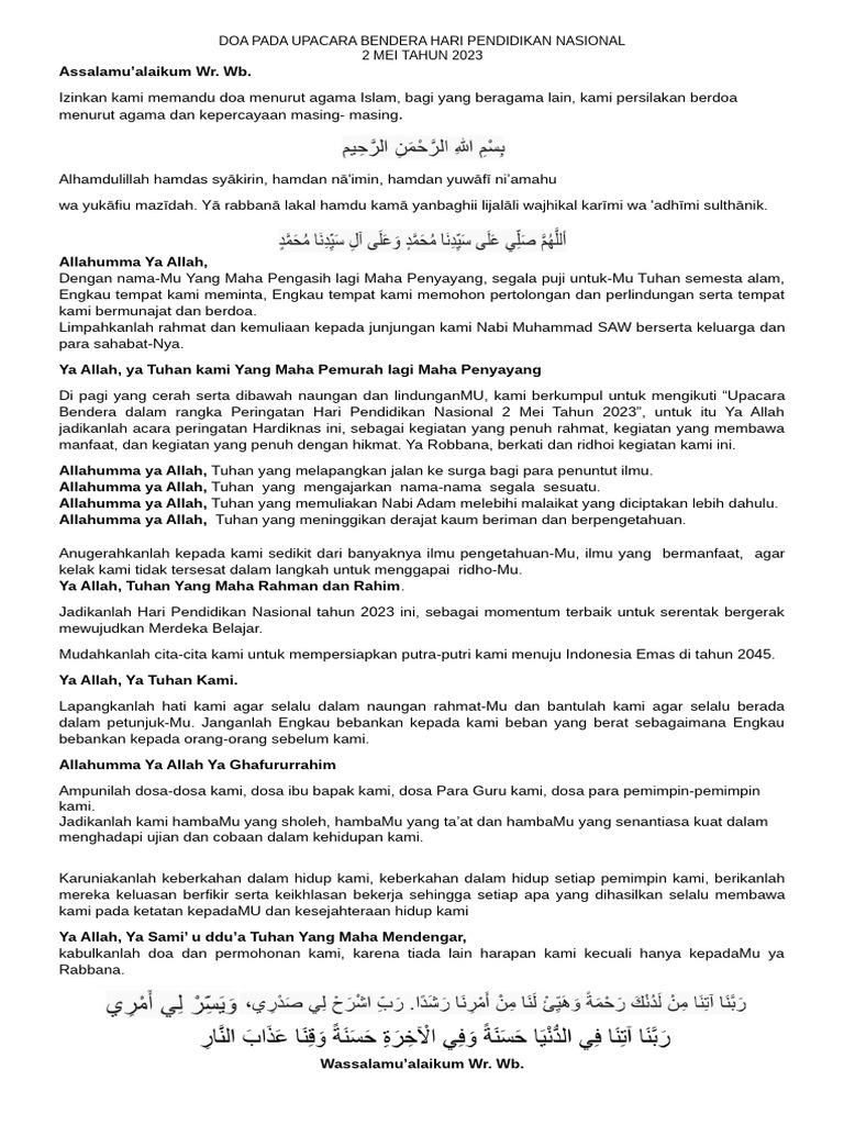 Doa Pada Upacara Bendera Hari Pendidikan Nasional 2 Mei Tahun 2023 | PDF