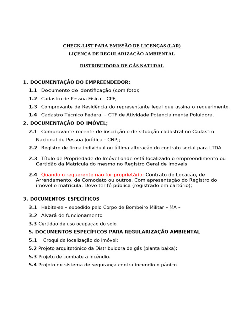 CHECK LIST LAR - DISTRIBUIDORA DE GÁS NATURAL | PDF