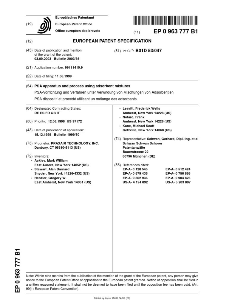 European Patent Specification B01D 53/047: Printed by Jouve, 75001 ...