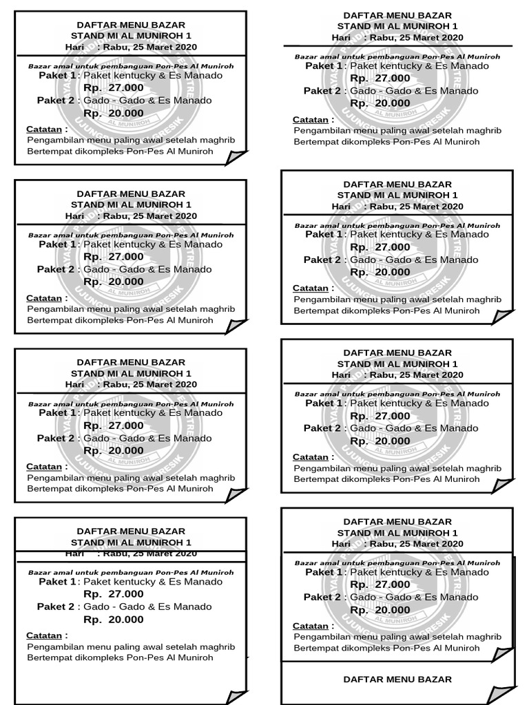 DAFTAR MENU BAZAR STAND NO1 | PDF