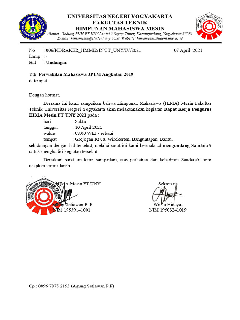 006 Undangan RAKER Perwakilan Mahasiswa 2019 | PDF