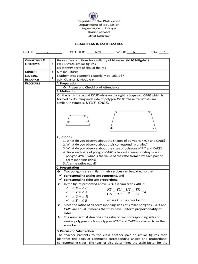 3rdQ-Wk6-Day1-Prototype-Lesson-Plan-in-Math9 | PDF | Angle | Euclidean ...