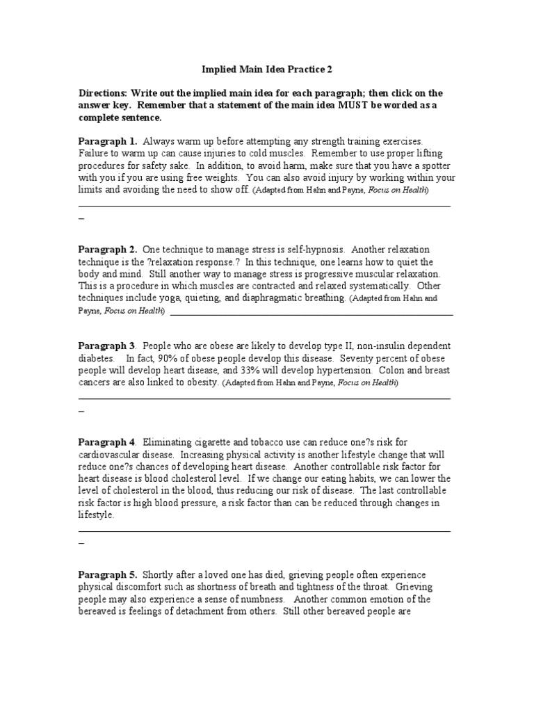 Implied Main Idea Practice 2 | PDF | Grief | Cardiovascular Diseases