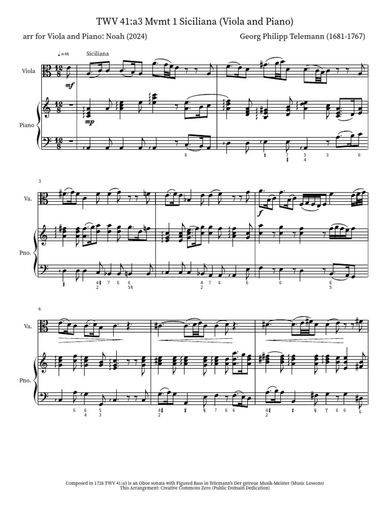 TWV 41 A3 MVMT 1 Siciliana (Viola and Piano) | PDF | Common Practice ...