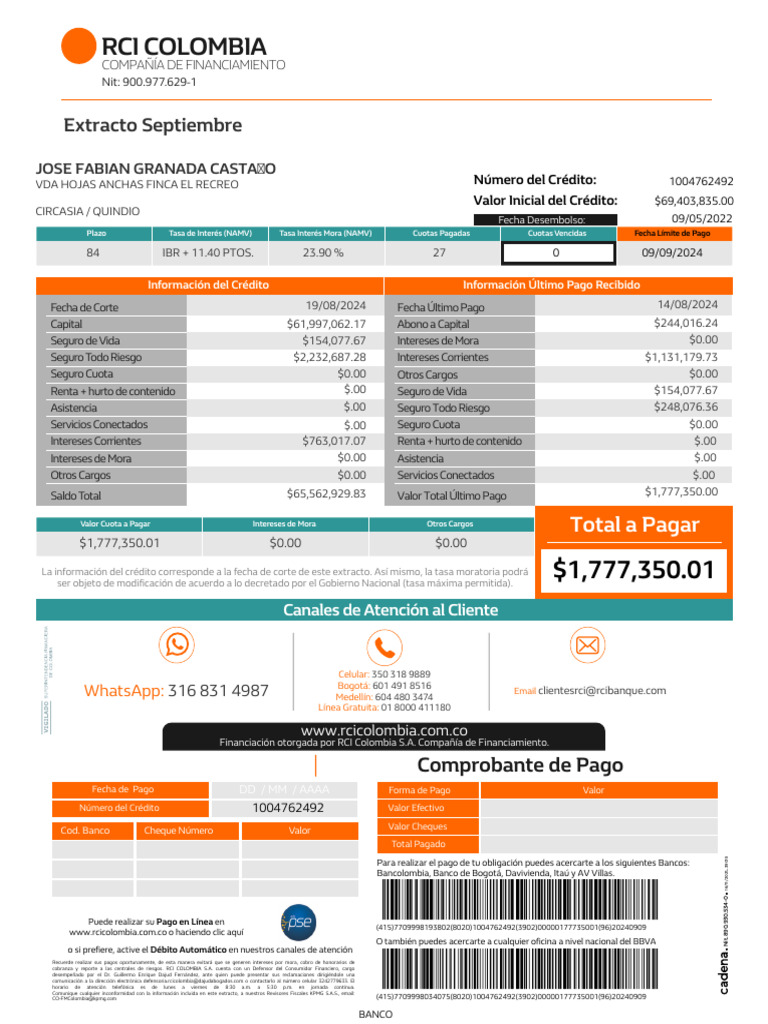 Rci Colombia: Extracto Septiembre | PDF | Bancario | Servicios financieros