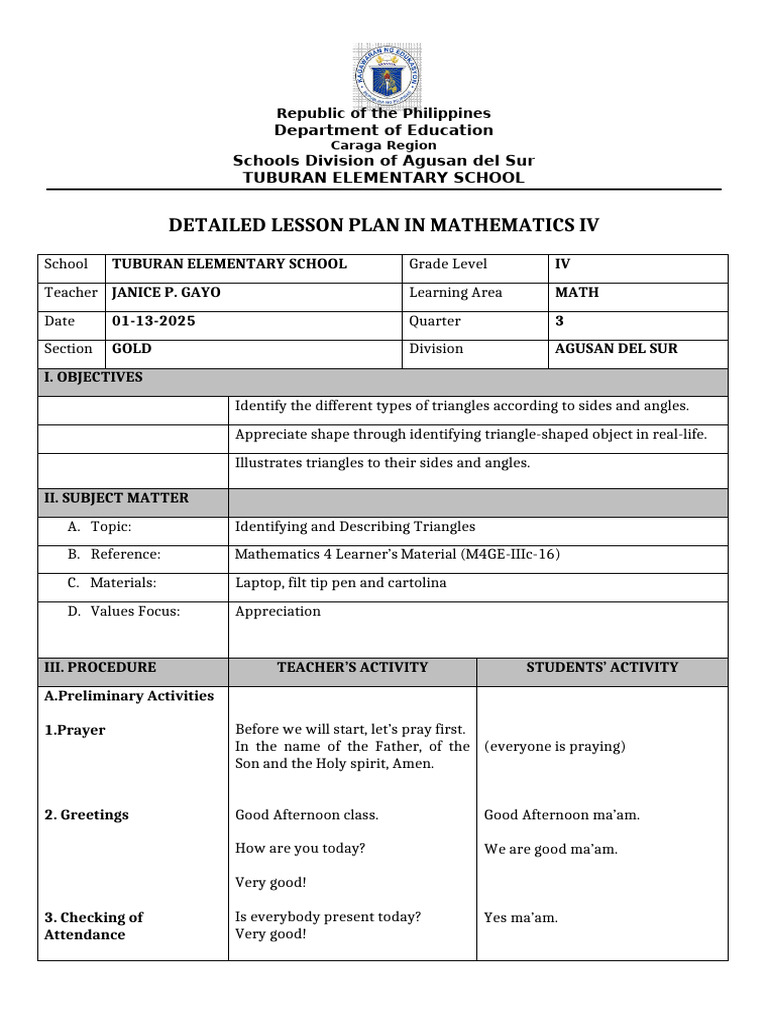 Detailed Math Lesson Plan: Triangles IV | PDF | Triangle | Elementary Geometry