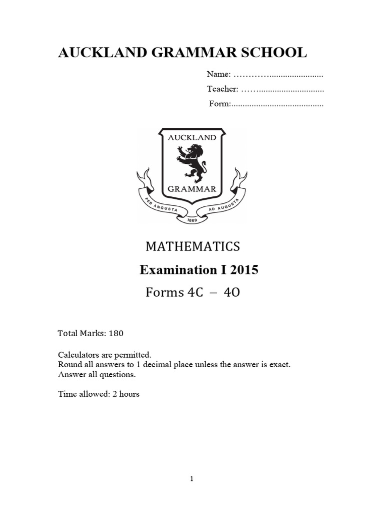 Auckland Grammar School Math Exam 2015 | PDF | Mathematical Relations ...