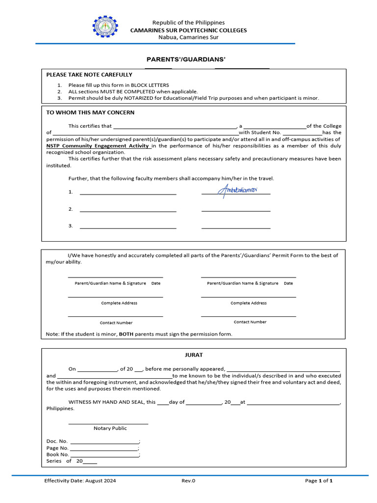 Parents’ Permit Form for NSTP Activities | PDF | Notary Public | Justice