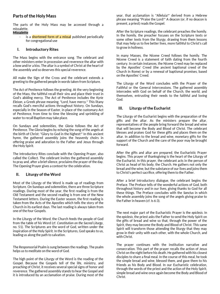 Parts of The Holy Mass | PDF | Eucharist | Mass (Liturgy)