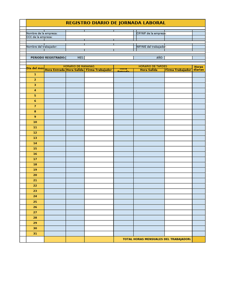 Plantilla de Registro de Jornada Laboral | PDF