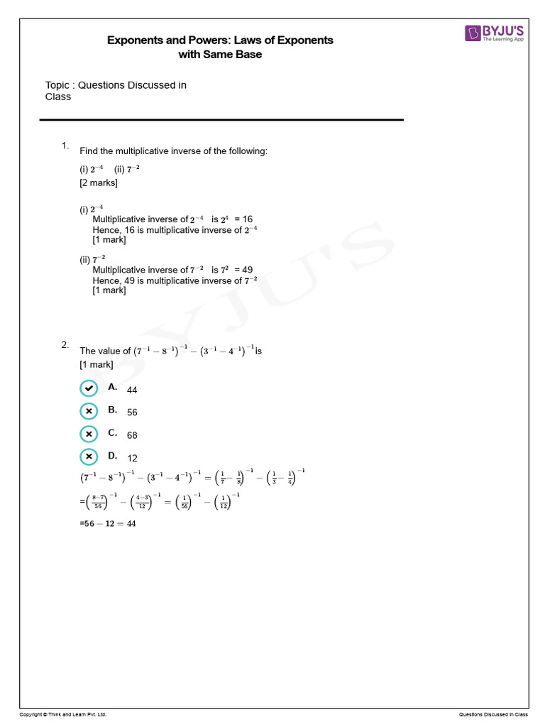 Exponents and Powe rs- Laws of Exponents with Same Base _In class | PDF ...