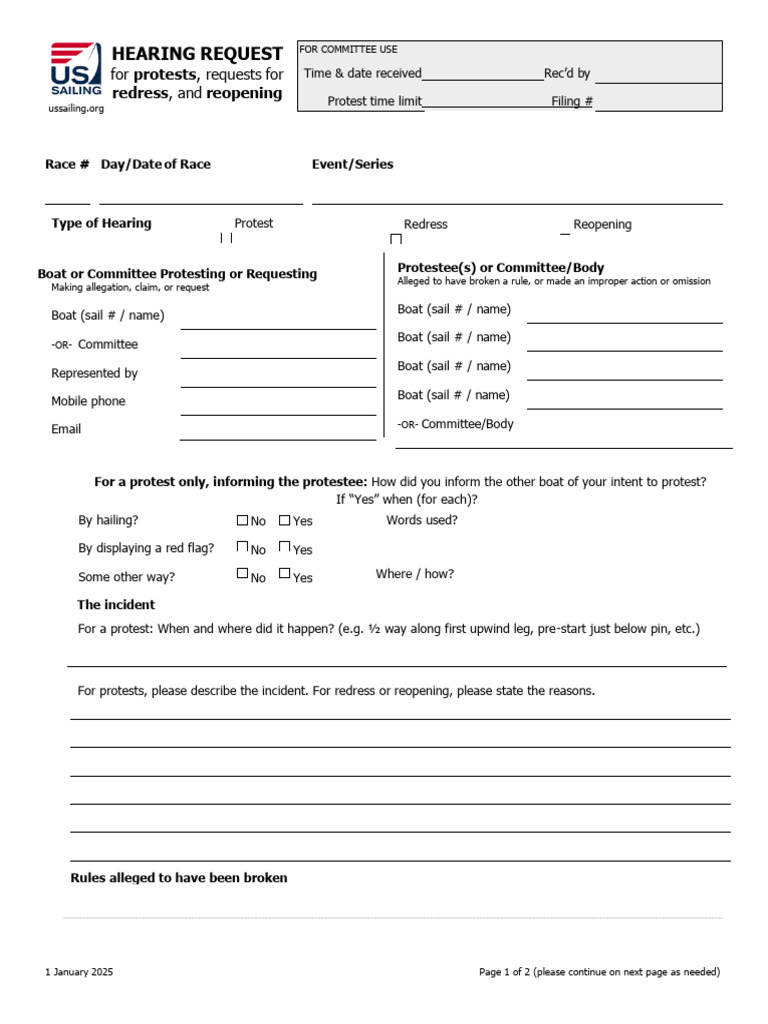 US Sailing 2025-Hearing Request Form FINAL | PDF