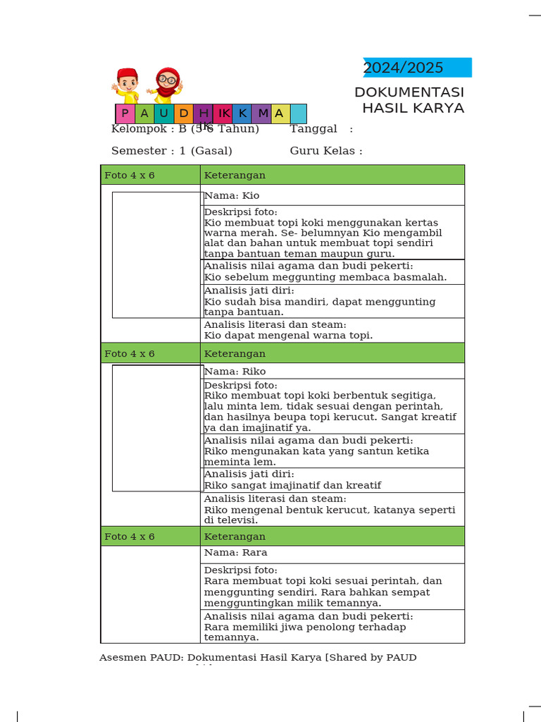 Catatan Hasil Karya Paud | PDF