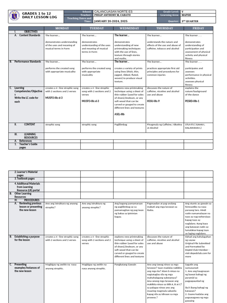 DLL - Mapeh 5 - Q3 - W4 | PDF