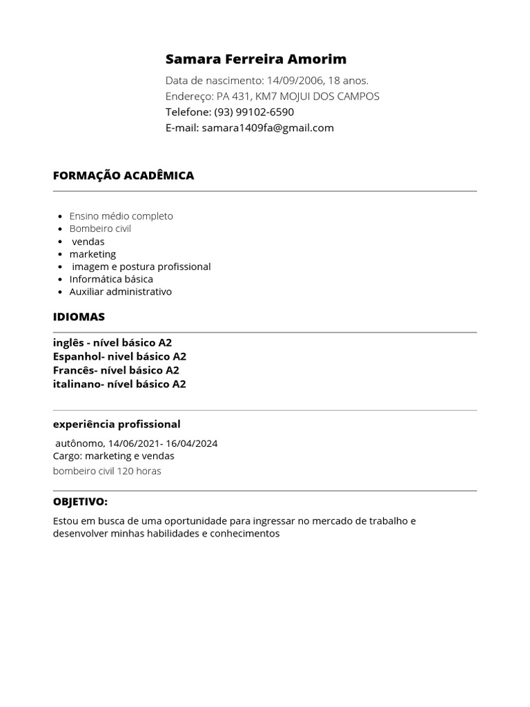 Curriculum Samara Ferreira Amorim | PDF