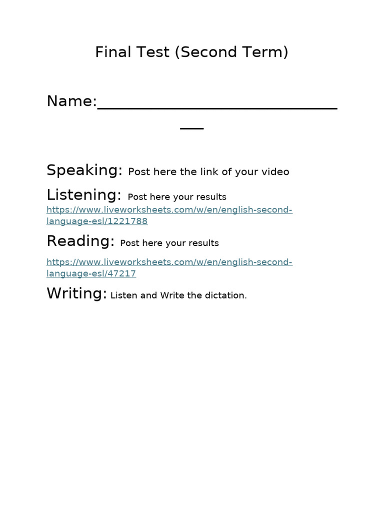 Second Term English Test Instructions | PDF