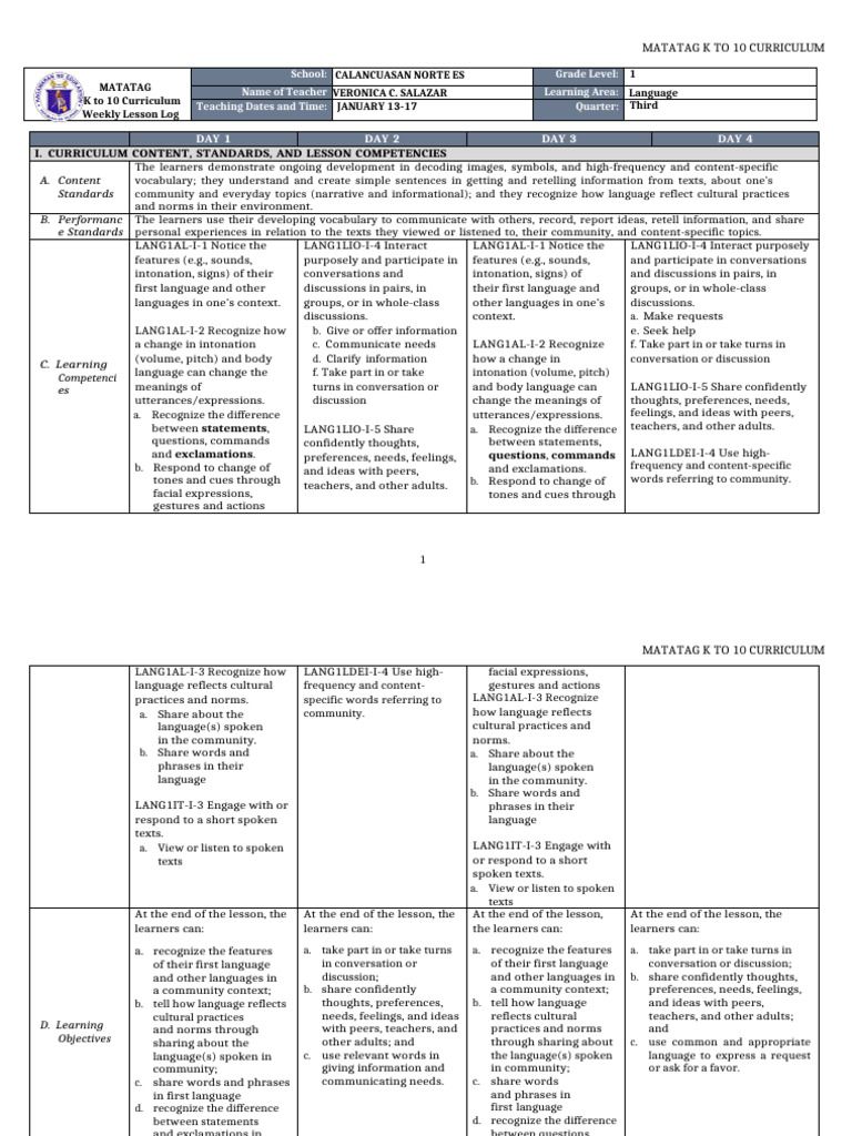 DLL Matatag - Language 1 - Q3 - W2 | PDF | Curriculum | Conversation