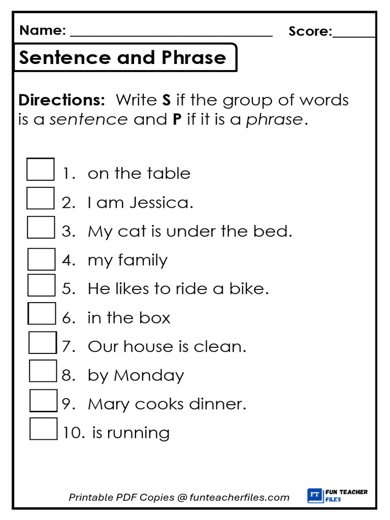 Sentence and Phrase Identification Worksheet | PDF