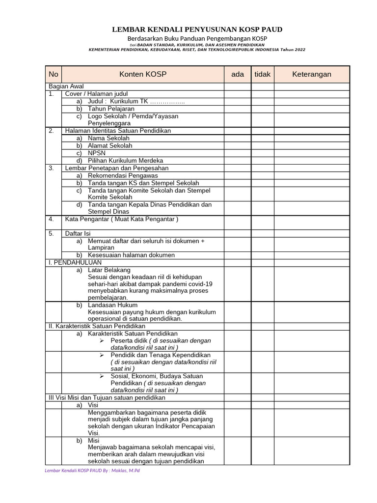 0.0 Lembar Kendali KOSP PAUD | PDF