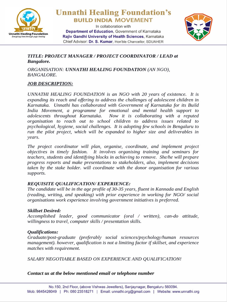 Requirement For Project Coordinator | PDF