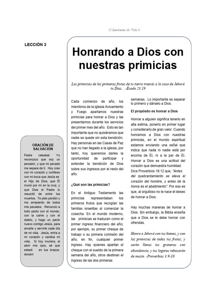 Honrando A Dios, Con Nuestras Primicias | PDF | Oración | Dios