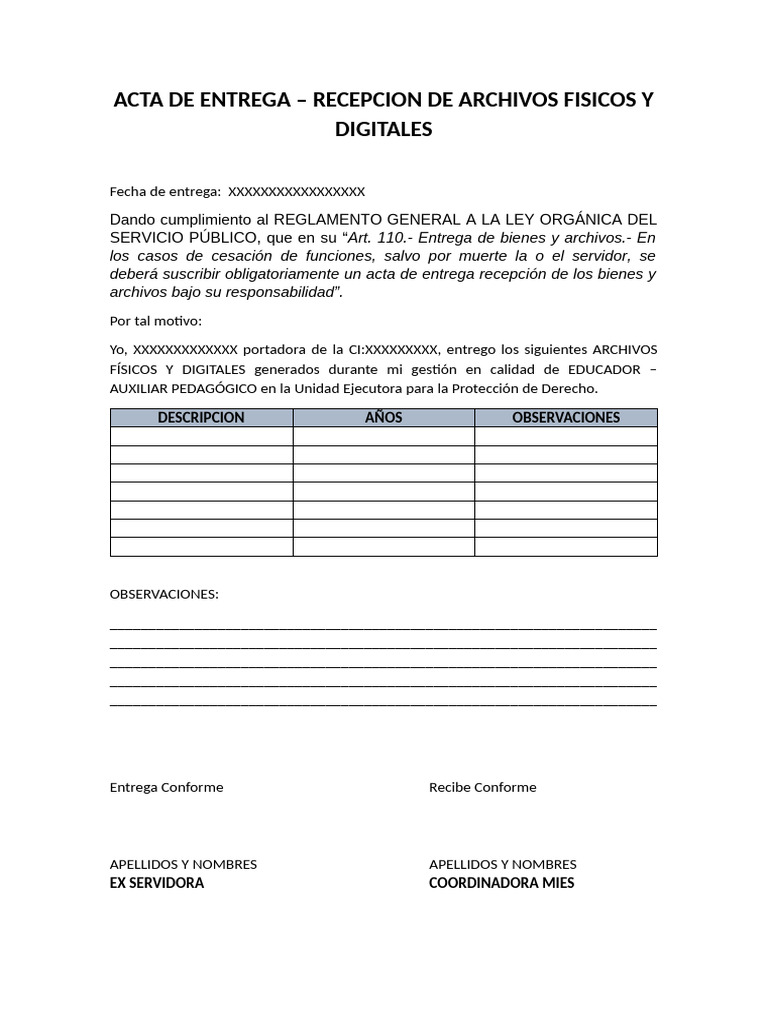 Modelo de Acta de Entrega Recepción de Archivos | PDF