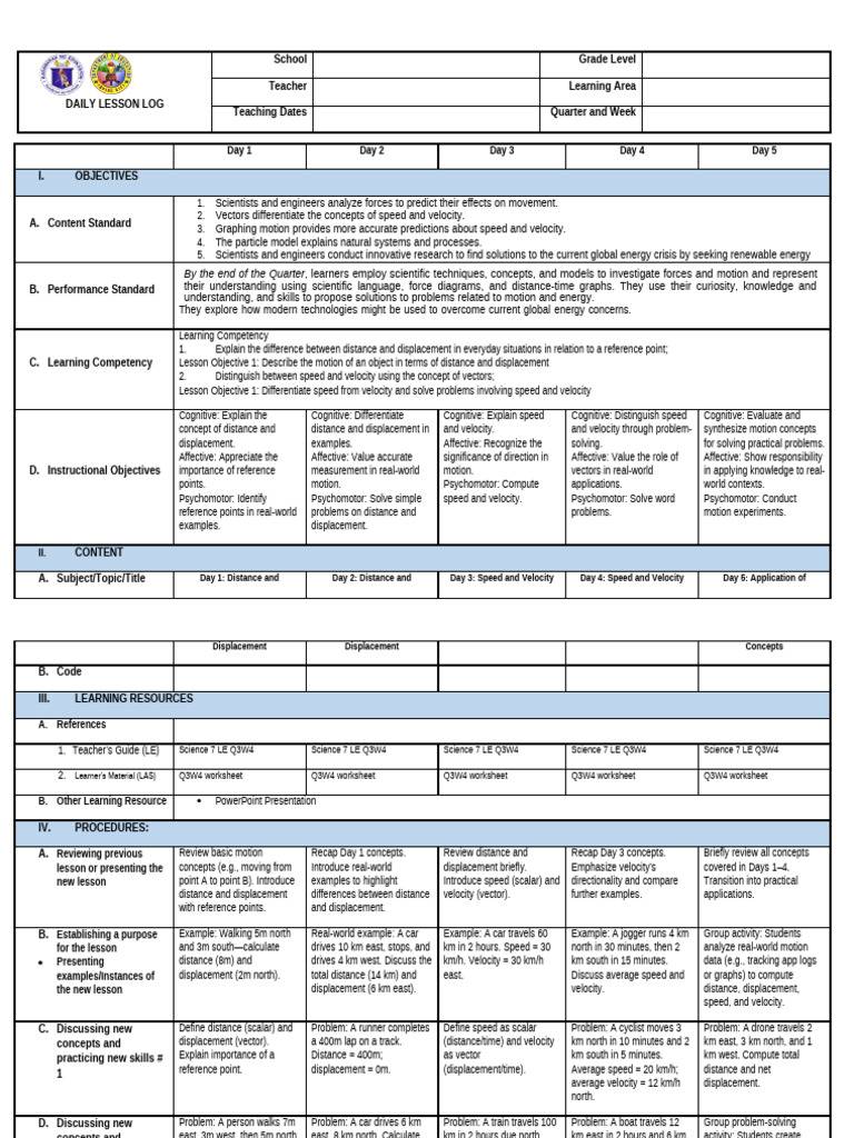 Science DLL q3 Wk4 Motion | PDF | Velocity | Speed