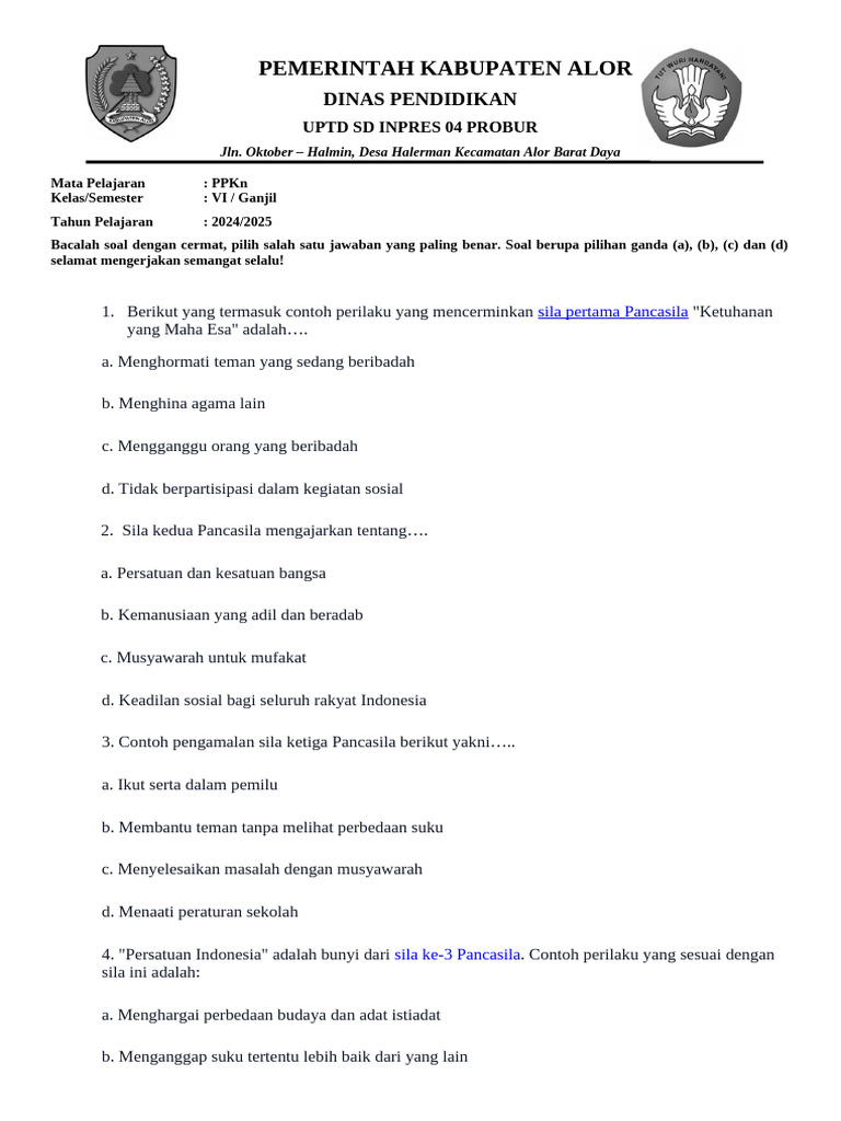 SOAL ULANGAN PPKN KELAS VI | PDF