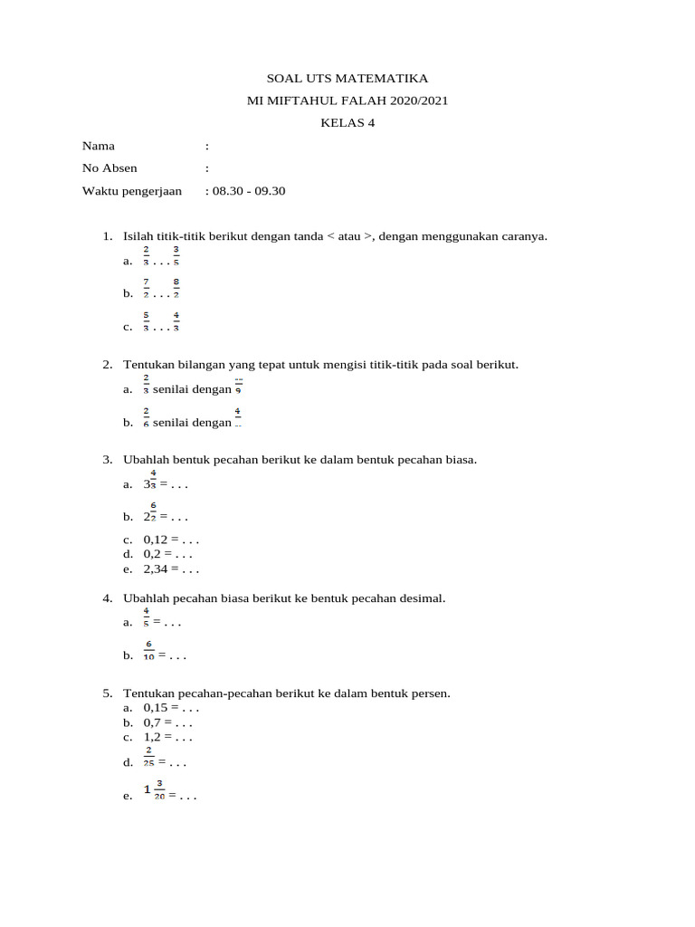 Soal UTS Matematika Kelas 4 MI 2021 | PDF