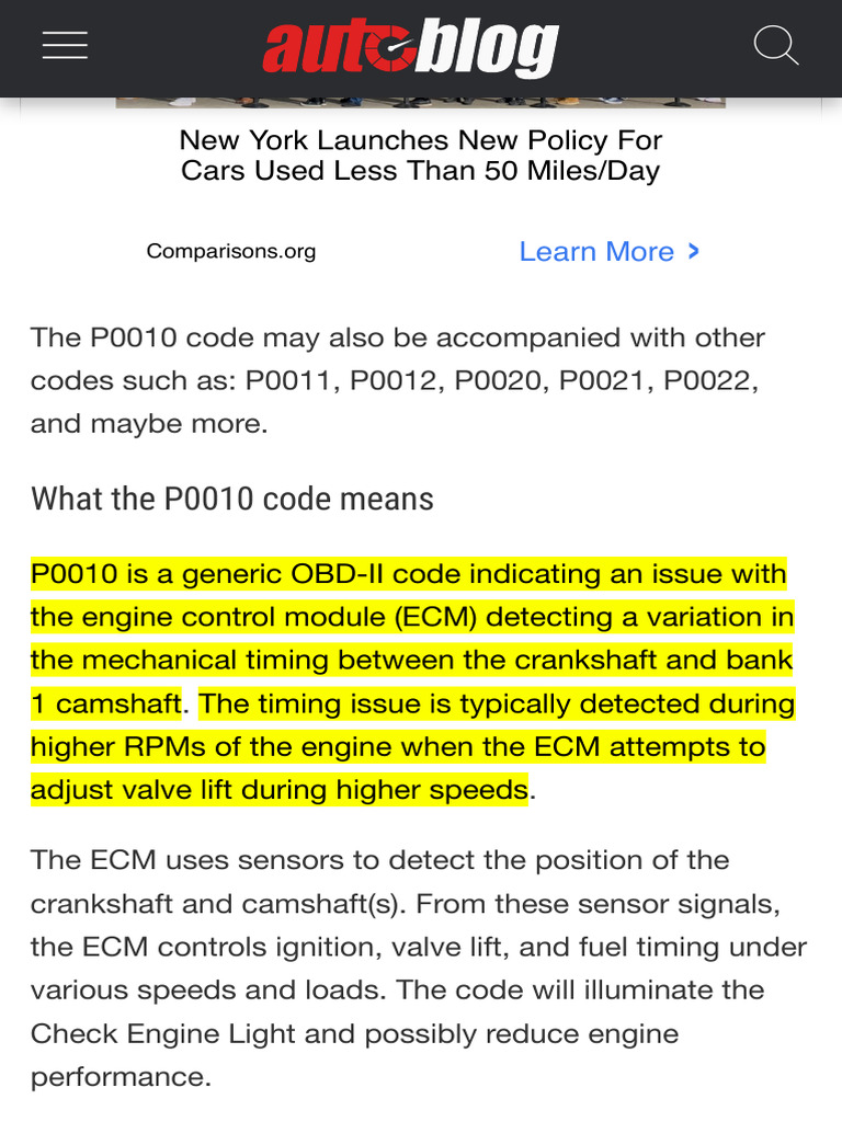Understanding P0010 Engine Code | PDF