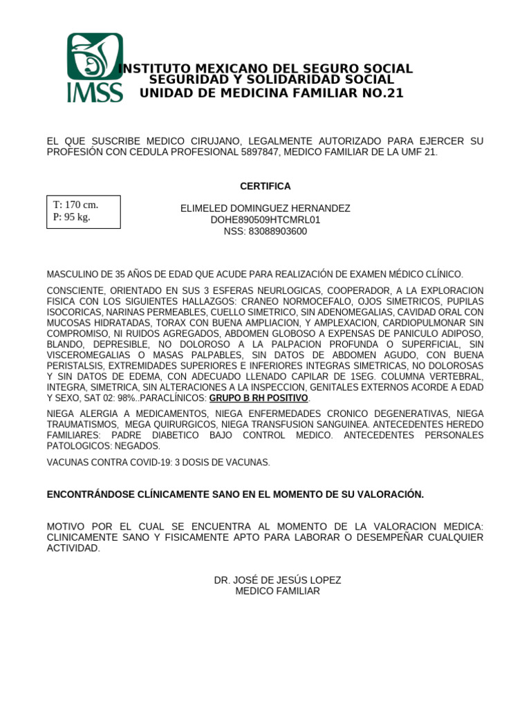 725650723 Certificado Medico Imss | PDF