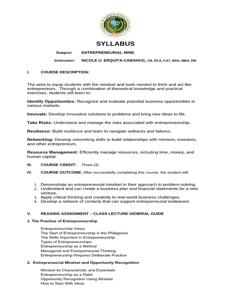 Entrep. Mind Syllabus Sy 2024 2025 | PDF | Entrepreneurship | Mindset