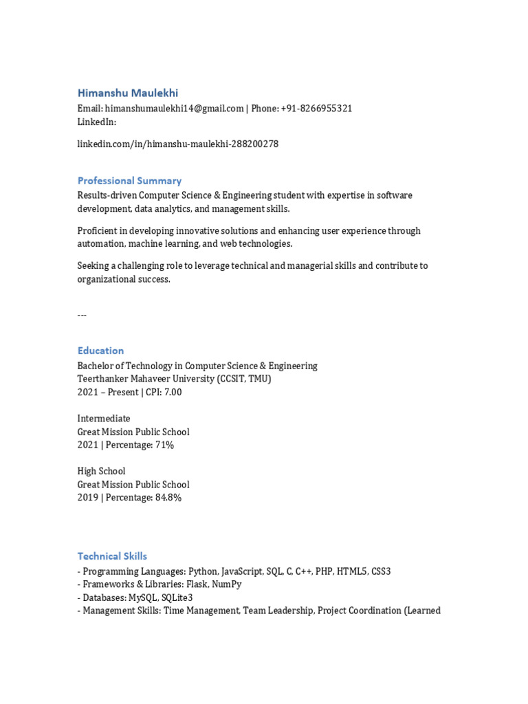 Himanshu Maulekhi Final Resume | PDF | Python (Programming Language) | Databases