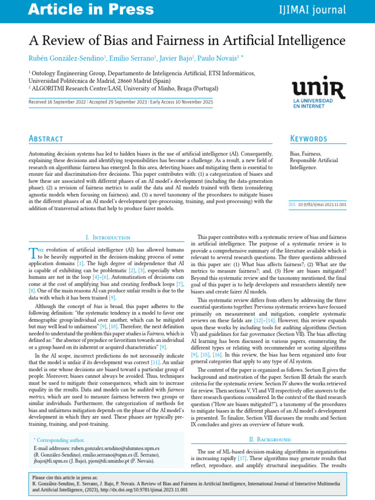A Review of Bias and Fairness in Artifical Intelligence | PDF | Bias ...
