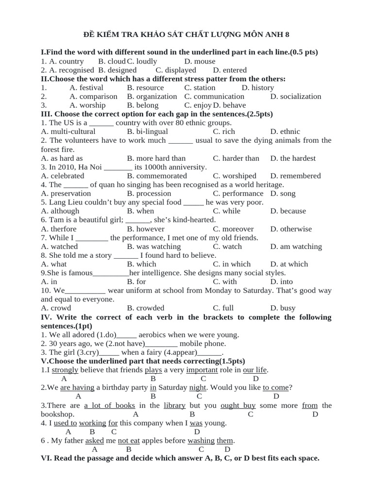 ĐỀ KIỂM TRA KHẢO SÁT CHẤT LƯỢNG MÔN ANH 8 | PDF