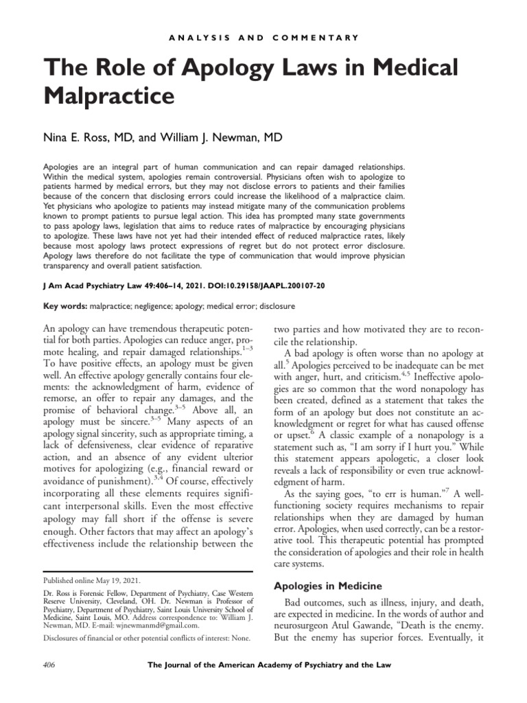 The Role of Apology Laws in Medical | PDF | Medical Error | Lawsuit