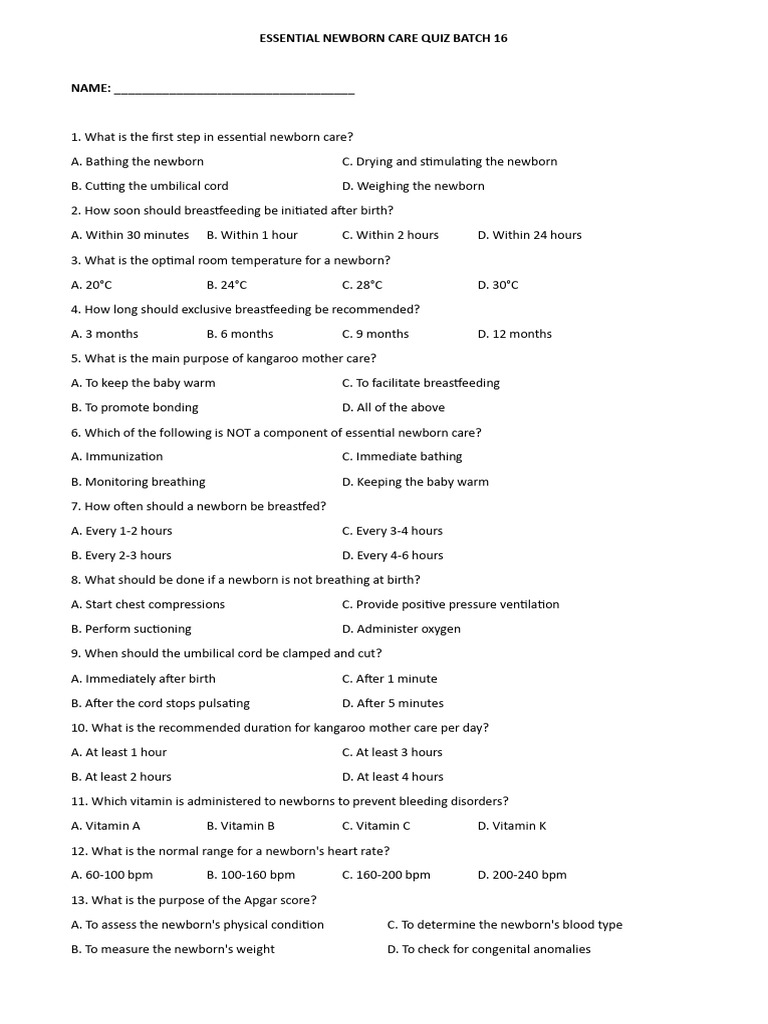Essential Newborn Care Quiz 16 | PDF | Infants | Breastfeeding