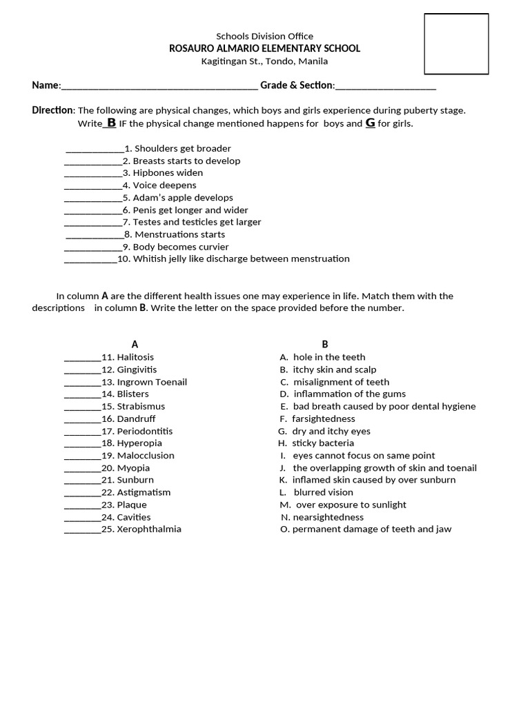 Summative Test No. 1 .Health6 | PDF
