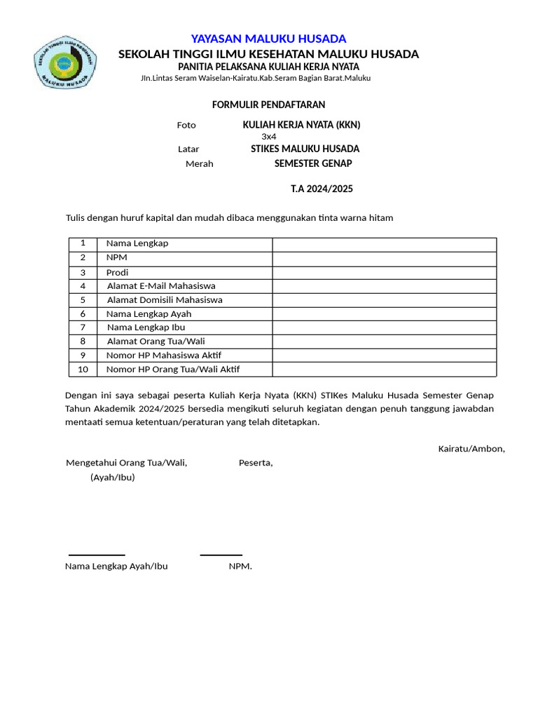 Formulir Pendaftaran KKN | PDF
