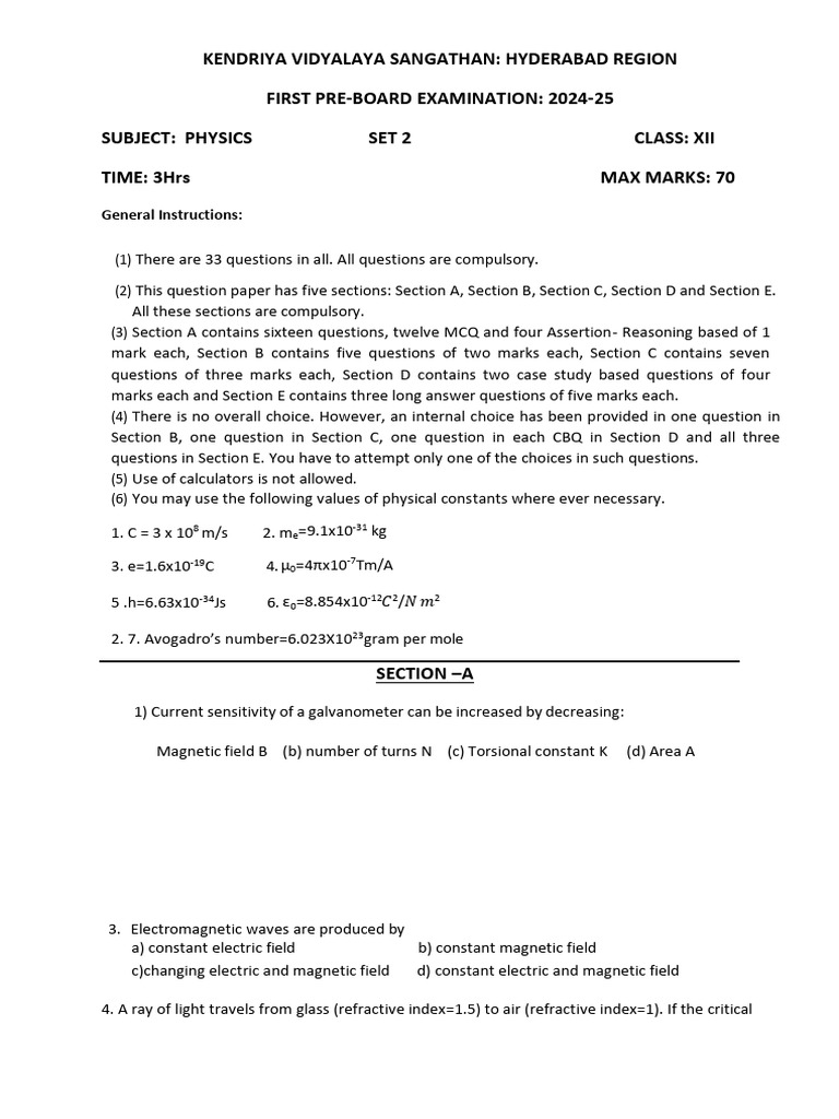 Class Xii PB1 Physics QP Set 2 | PDF | Photoelectric Effect | Light
