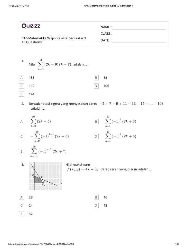 PAS Matematika Wajib Kelas XI Semester 1 | PDF