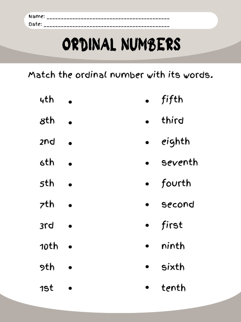 Ordinal Numbers Math Worksheet in Gray and White Simple Style | PDF