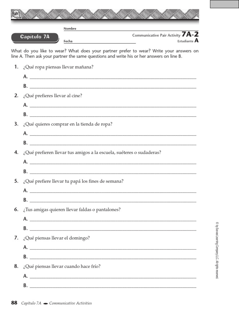 Fillable Communicative Pair Activity 2 Capitulo 7A | PDF | Cuerpo ...