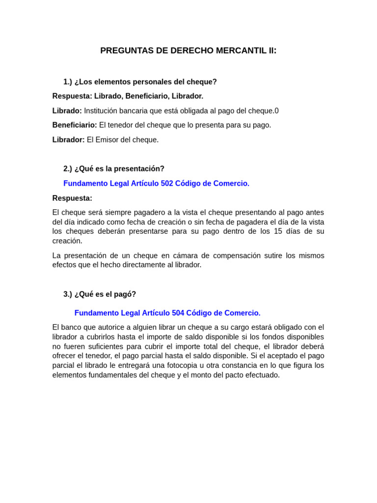 Preguntas de Derecho Mercantil Examen Final. | PDF | Cheque | Bancos