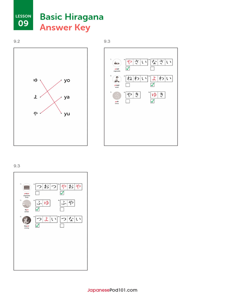 Hiragana Worksheet Answer Lesson9 | PDF