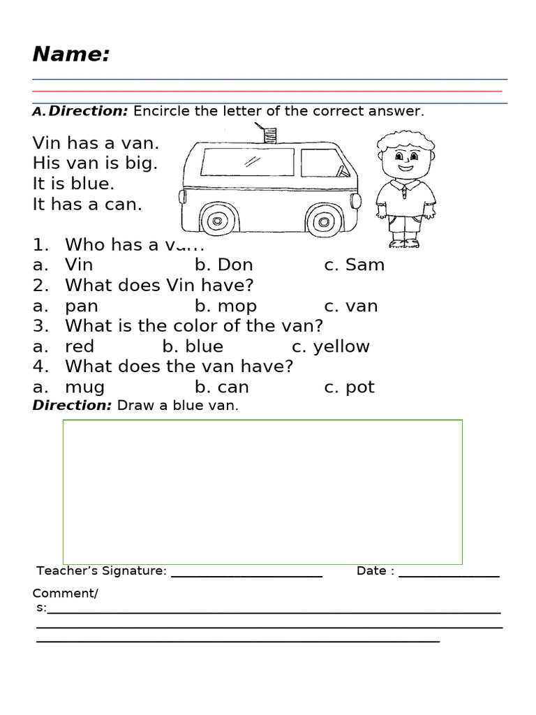Blue Van Comprehension Quiz | PDF