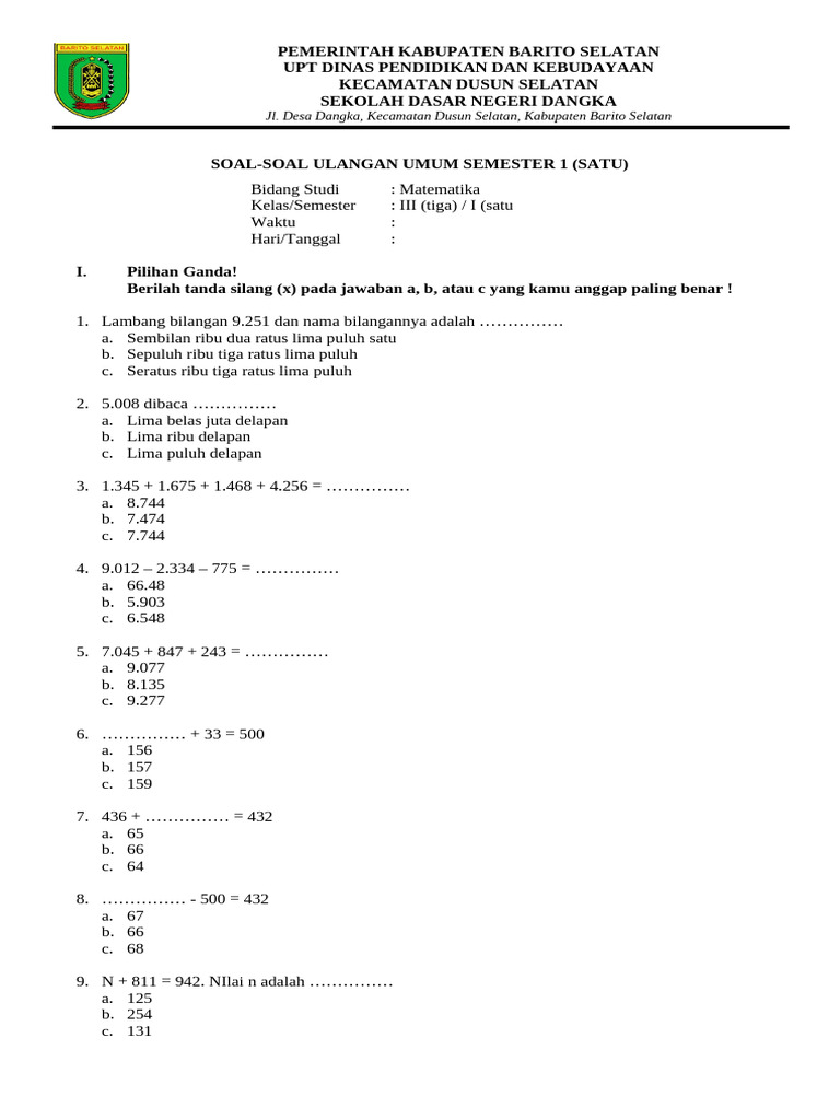 Soal-Soal Ulangan Umum Semester 1 (Sekolah Dasar Negeri Dangka) | PDF