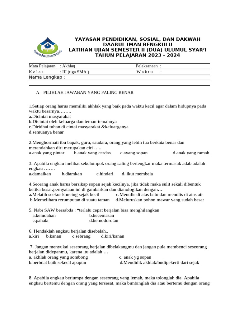 SOAL UJIAN akhlak YDI KELAS 3 SEPAKAT | PDF