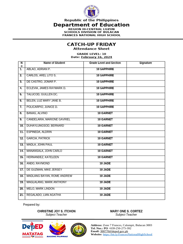 Grade 10 Attendance Sheet - Catch-Up Friday | PDF