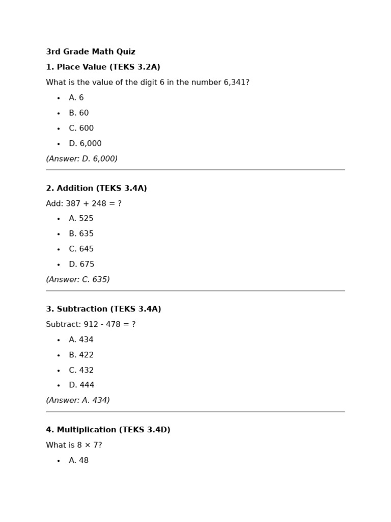 3rd Grade Math Quiz | PDF | Area | Length